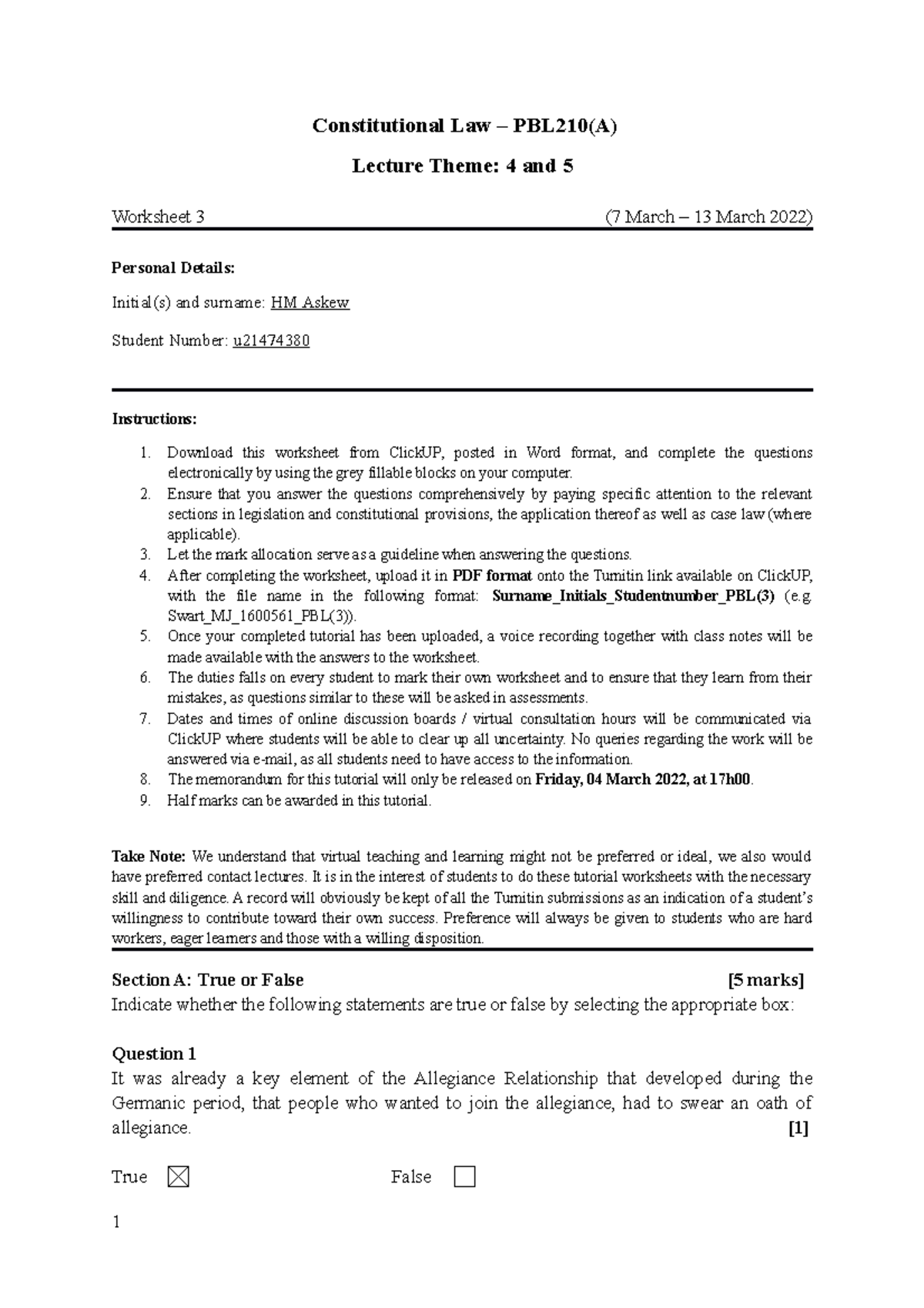Worksheet 3 - enjoy - Constitutional Law – PBL210(A) Lecture Theme: 4 ...