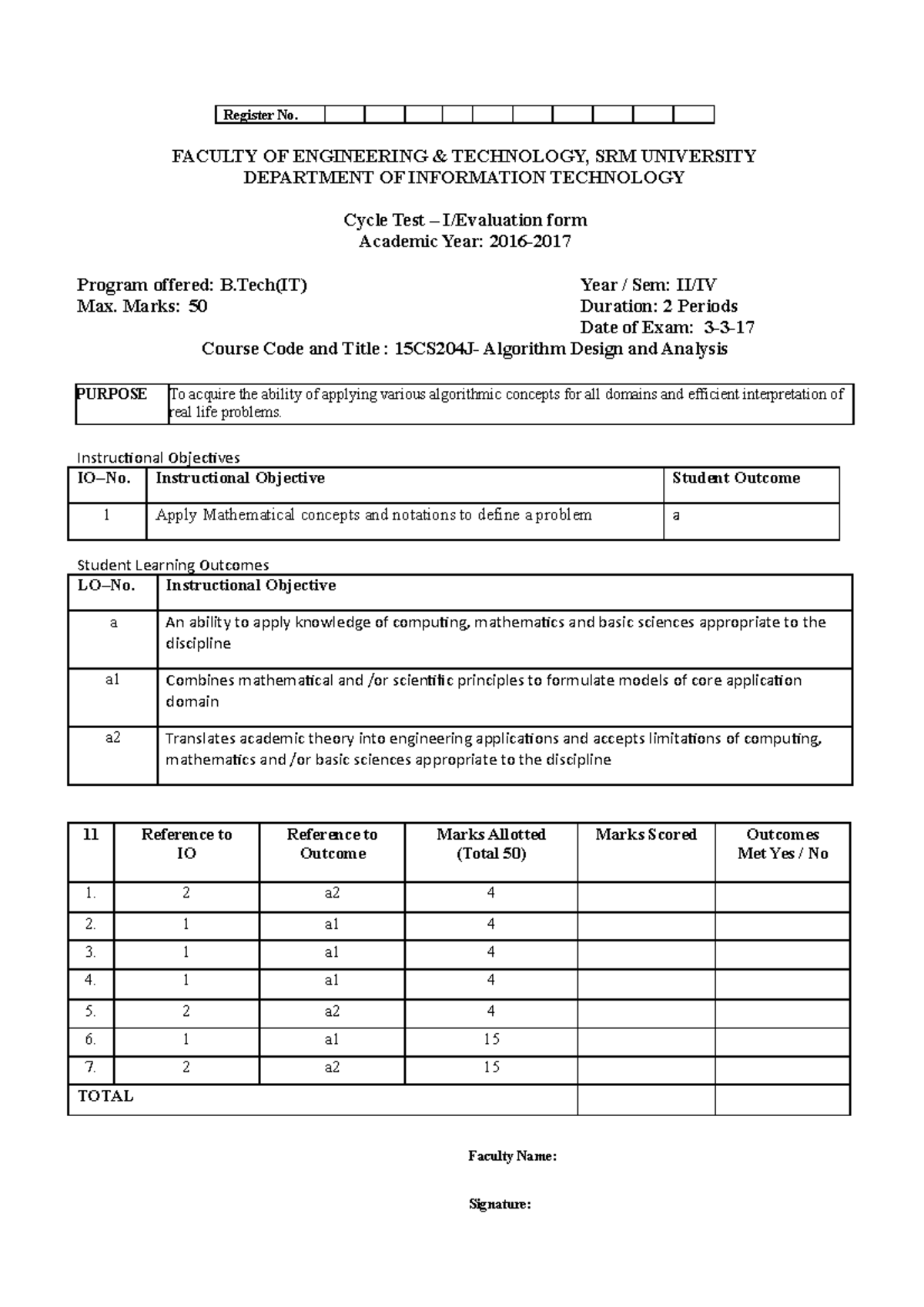 CT-1 Algorithm Design AND Analysis-CT1 - Register No. FACULTY OF ENGINEERING & TECHNOLOGY, SRM ...