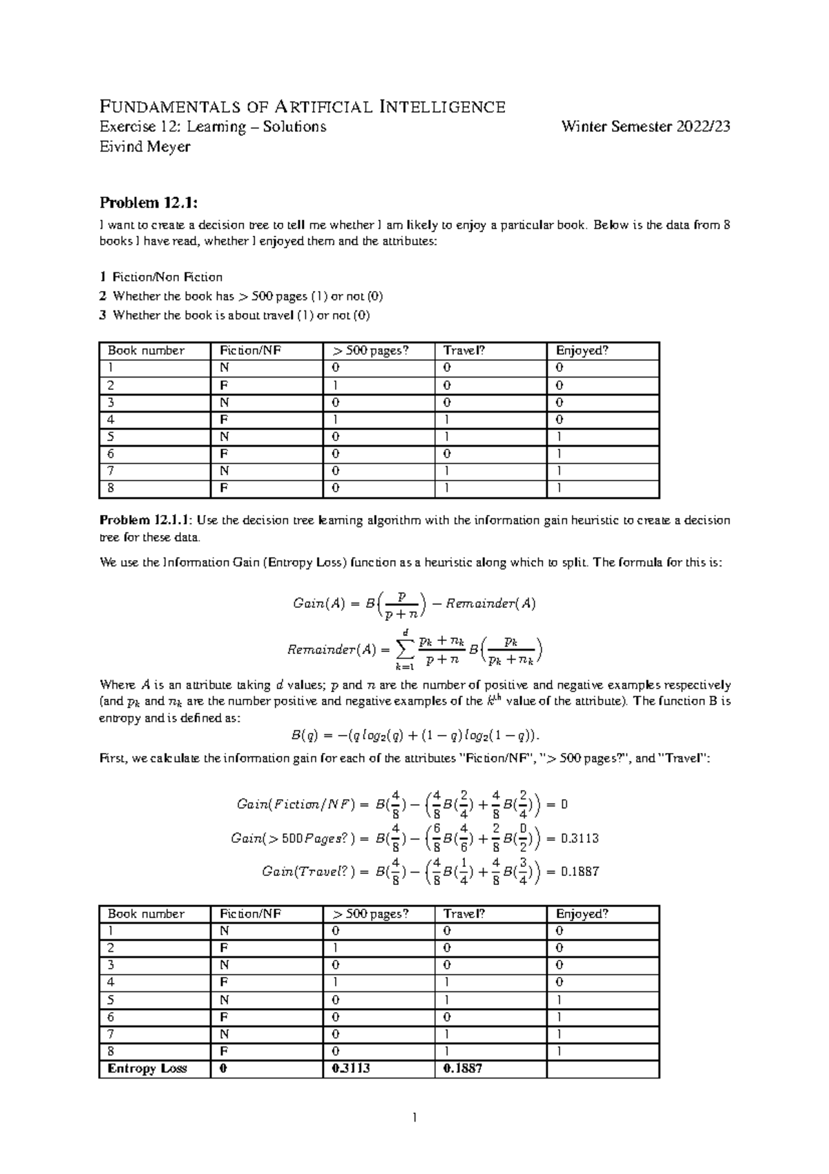 Exercise 12 solution - FUNDAMENTALS OF ARTIFICIAL INTELLIGENCE Exercise ...