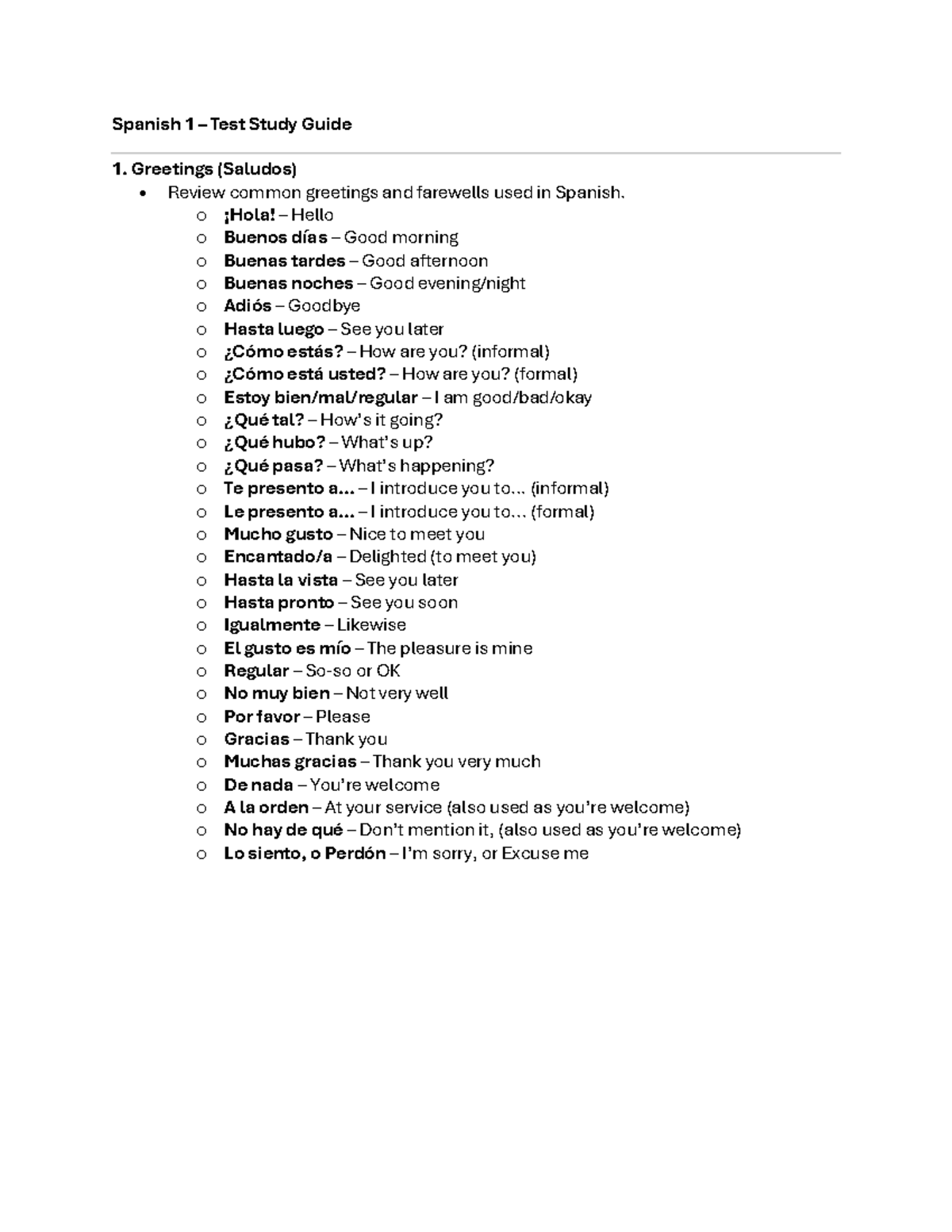 Study+Guide+Spanish+Test+1 - Spanish 1 – Test Study Guide 1. Greetings ...