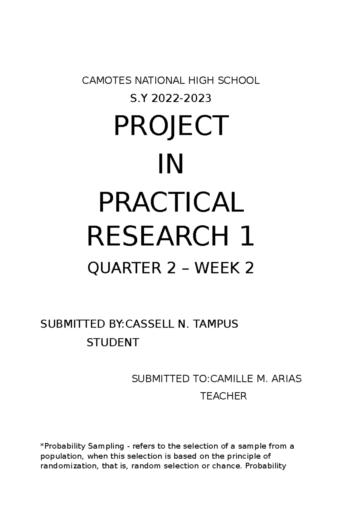 Project IN Practical Research 1 Quarter 2- WEEK2 - CAMOTES NATIONAL ...