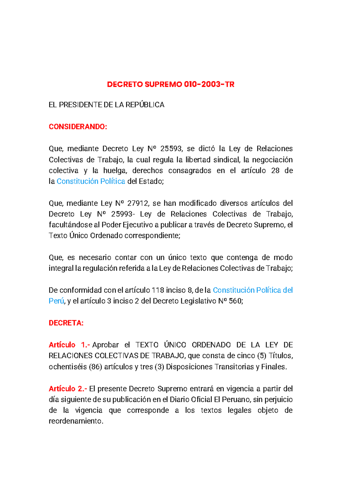 DS 010-2003 TR Y DS 011-92TR 548225278 - DECRETO SUPREMO 010- 2003 - TR ...