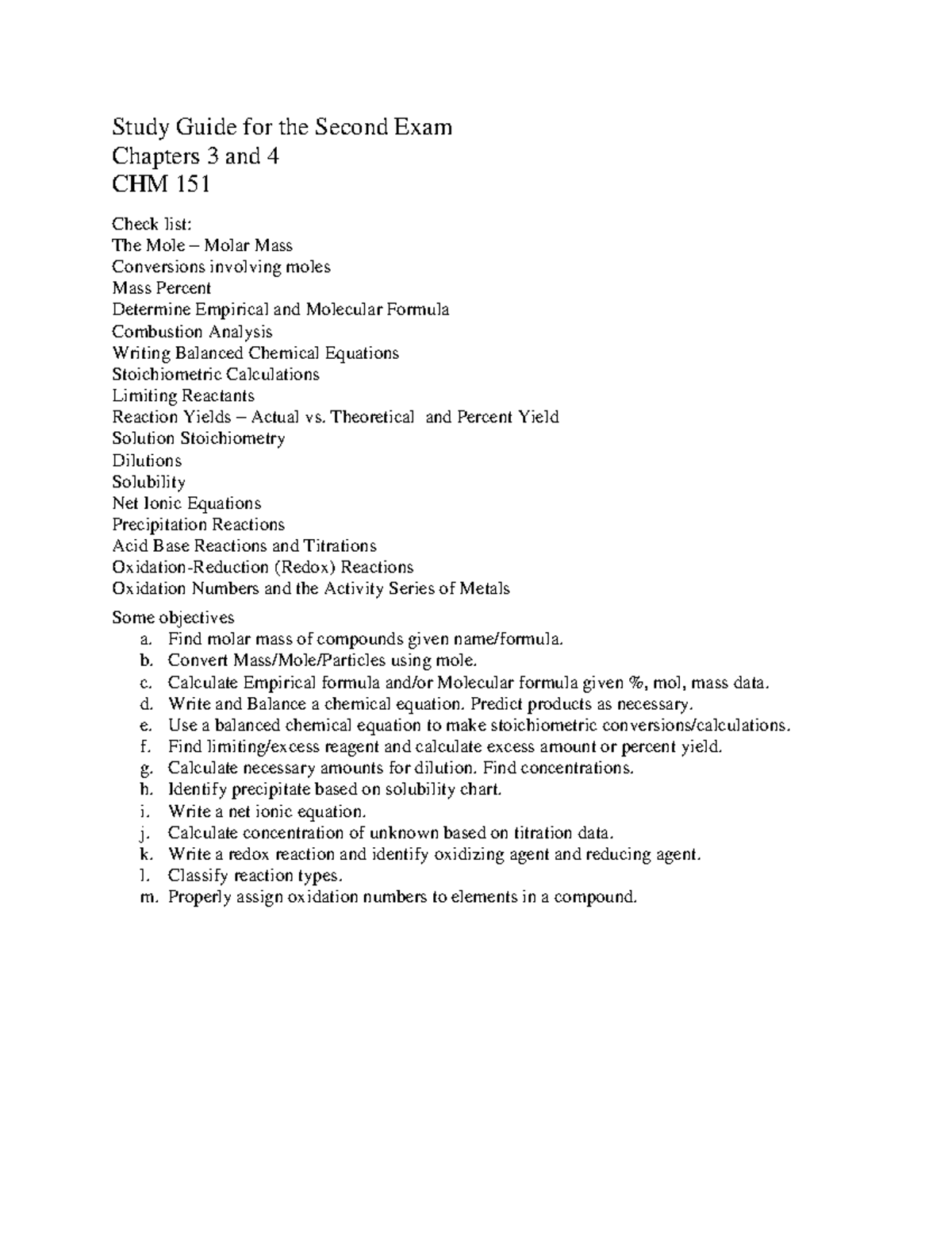 CHM 151 Study Guide and Practice Exam 2 Ch. 3 and 4 - Study Guide for ...