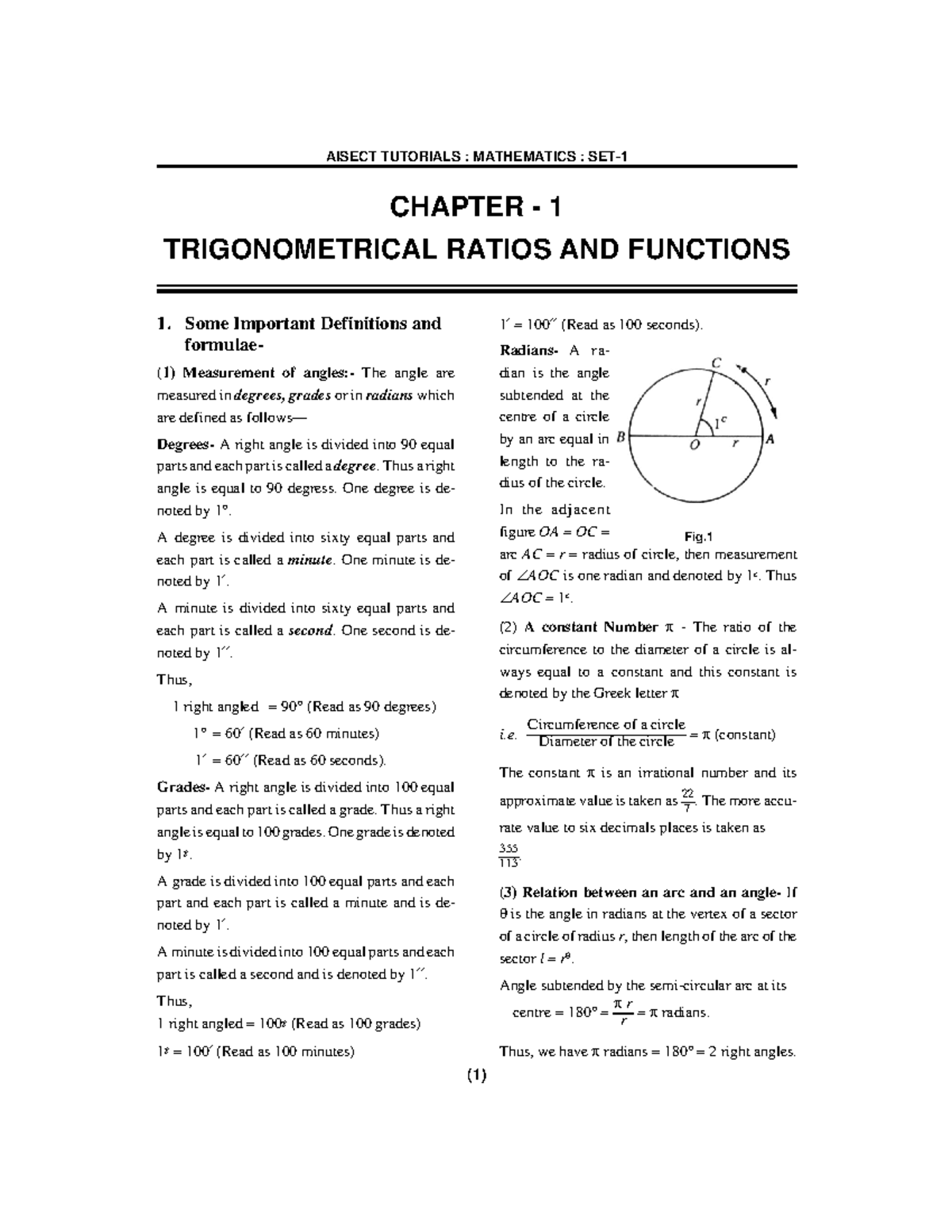 Trigonometry review notes - CHAPTER - 1 TRIGONOMETRICAL RATIOS AND ...