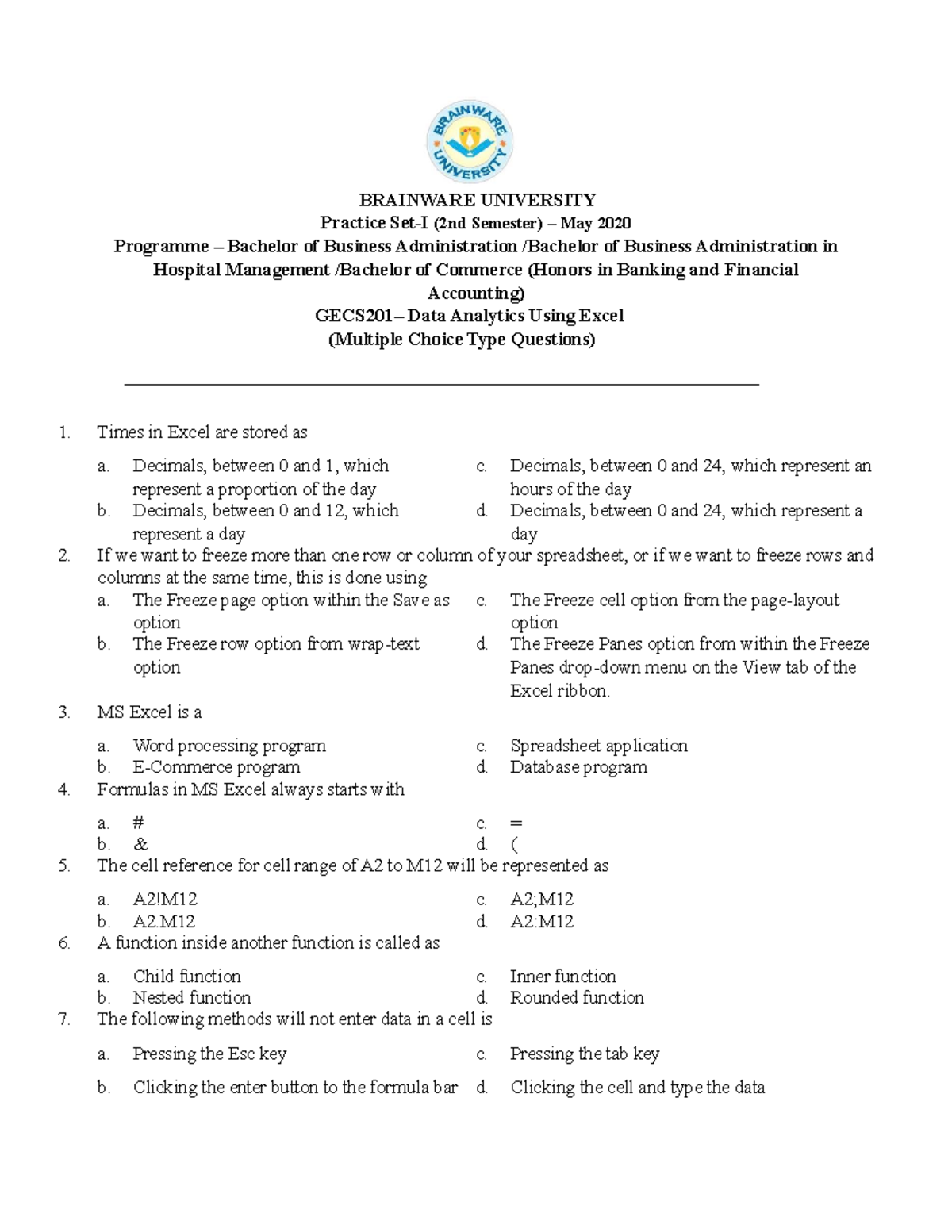 GECS201 Practice Set-1 - BRAINWARE UNIVERSITY Practice Set-I (2nd ...