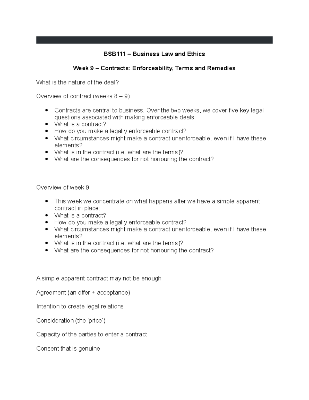 BSB111 - Week 9 Notes - BSB111 – Business Law and Ethics Week 9 ...