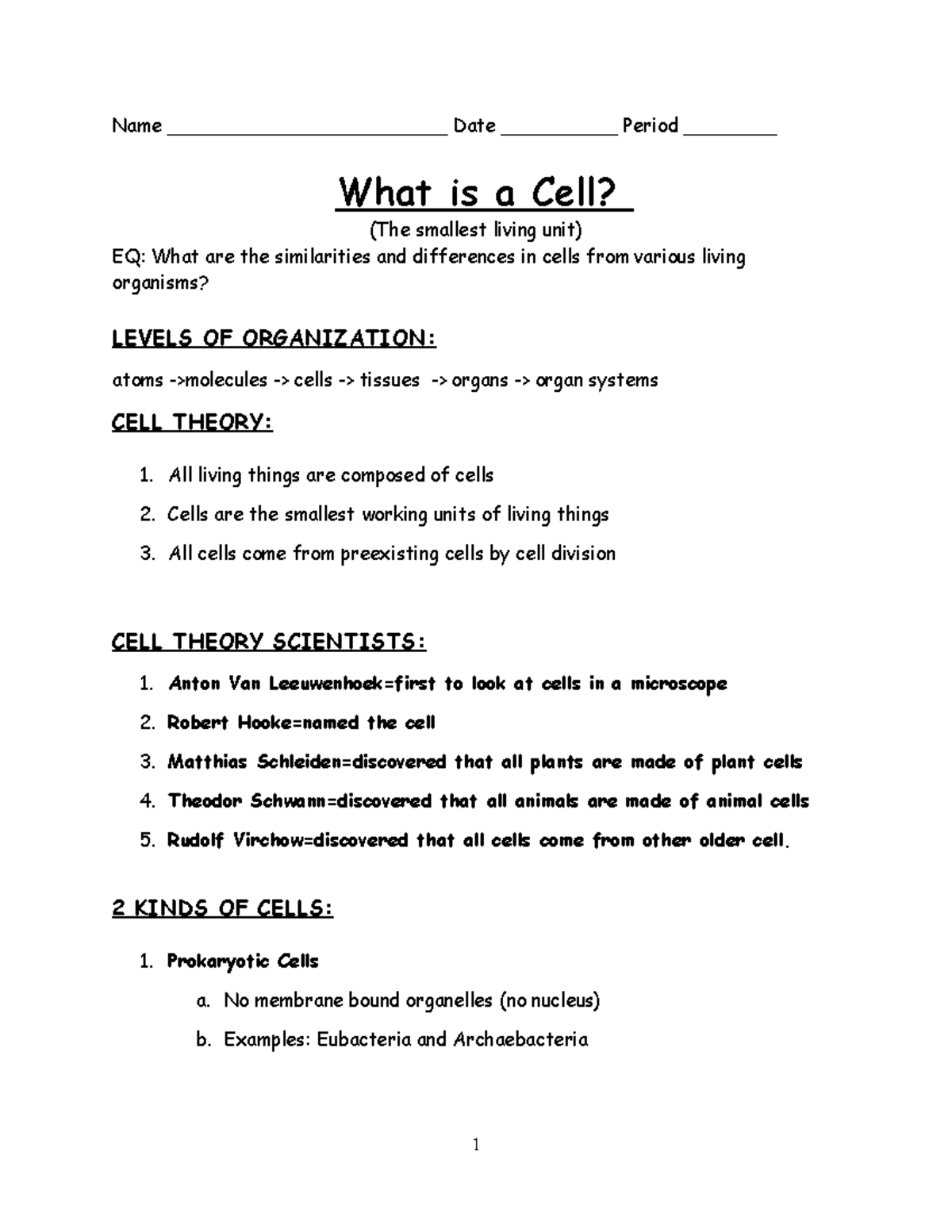 Bio GT U2 What is a Cell Student Notes - Name ...