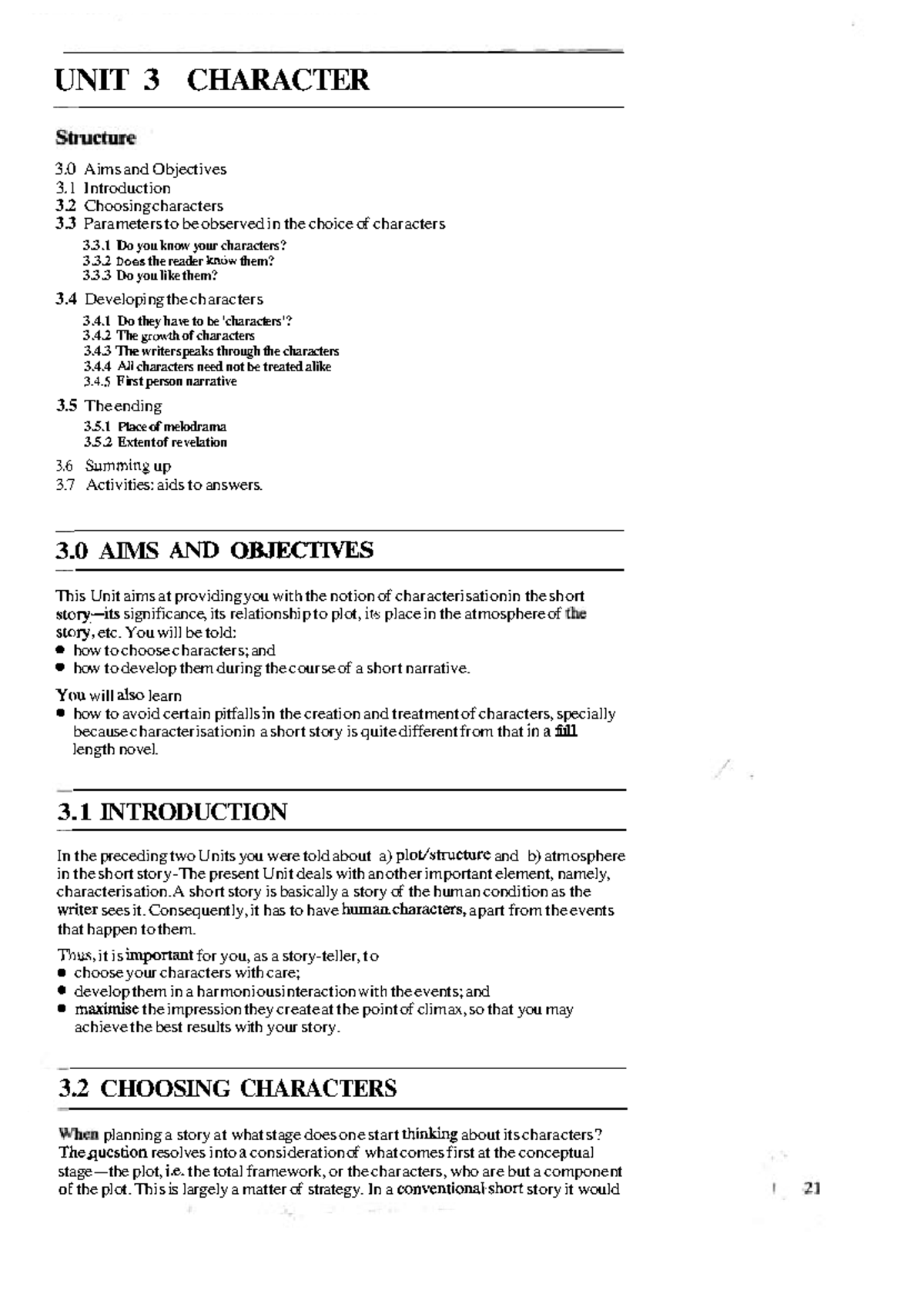 Short story and how to write - UNIT 3 CHARACTER 3 Aims and Objectives 3 ...