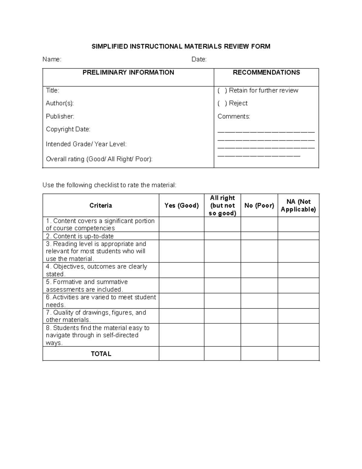 Simplified Instructional Materials Review FORM - SIMPLIFIED ...