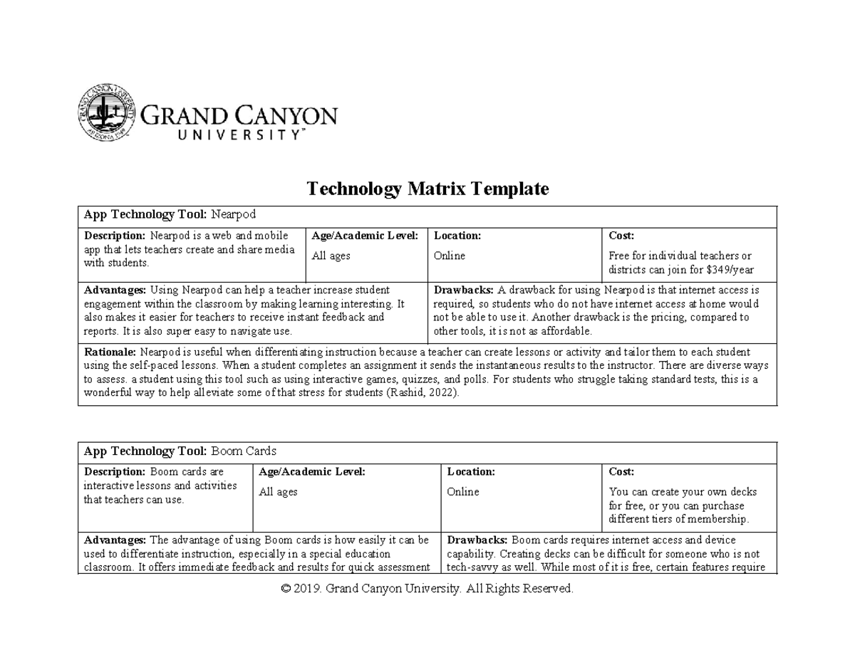 Technology Matrix - Age/Academic Level: All ages Location: Online Cost ...
