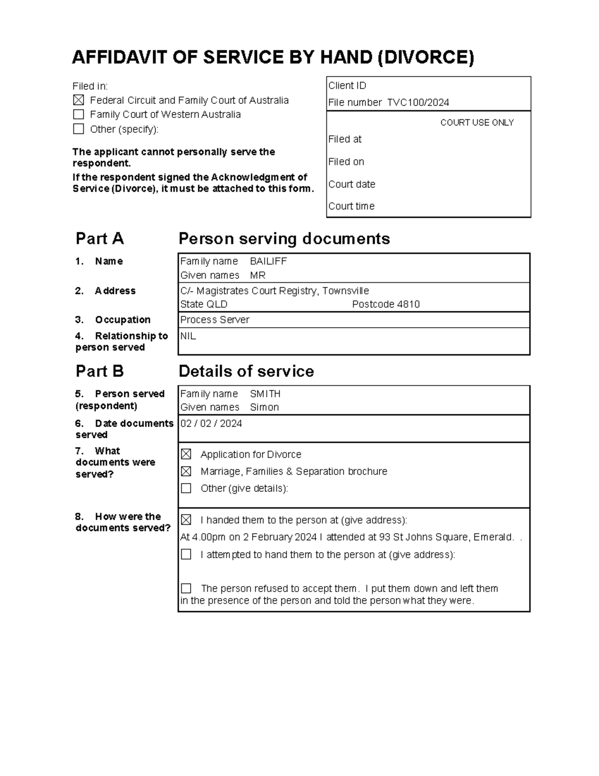 Affidavit of Service by Hand - AFFIDAVIT OF SERVICE BY HAND (DIVORCE ...