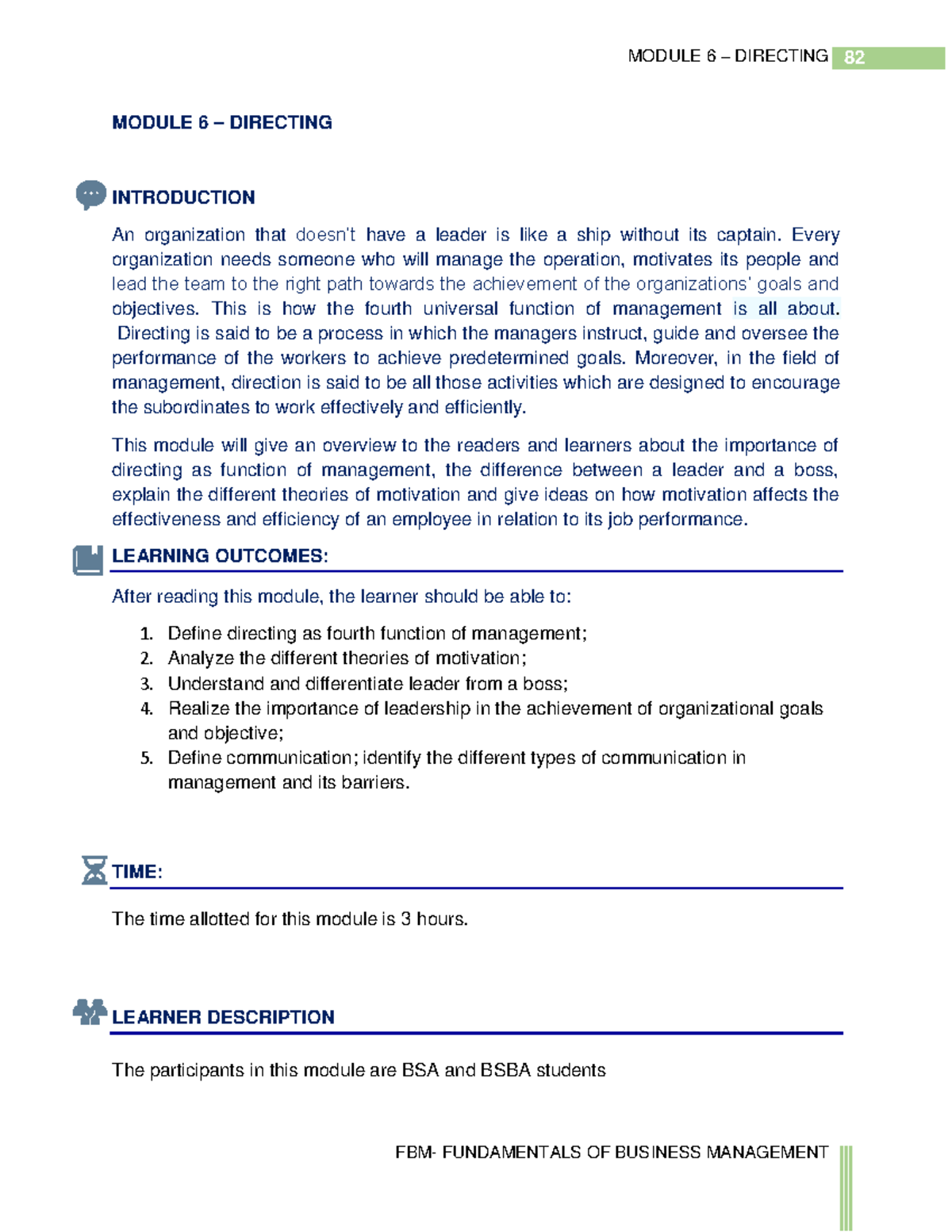 Module 6 Directing - Business Management - 82 MODULE 6 – DIRECTING ...