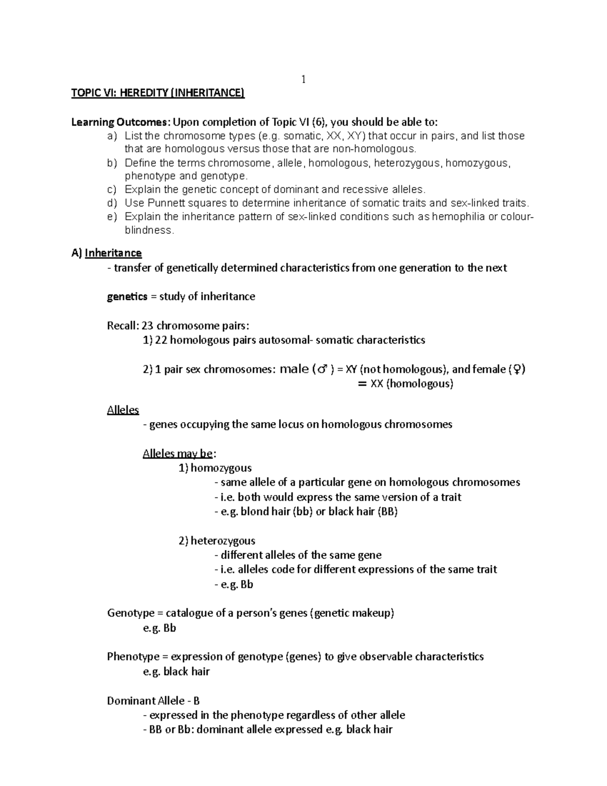 Topic VI Heredity (Inheritance) - TOPIC VI: HEREDITY (INHERITANCE ...