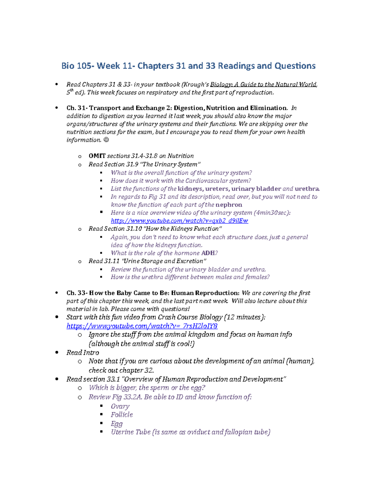 Bio 105- Week 11 Handout - Bio 105- Week 11- Chapters 31 and 33 ...