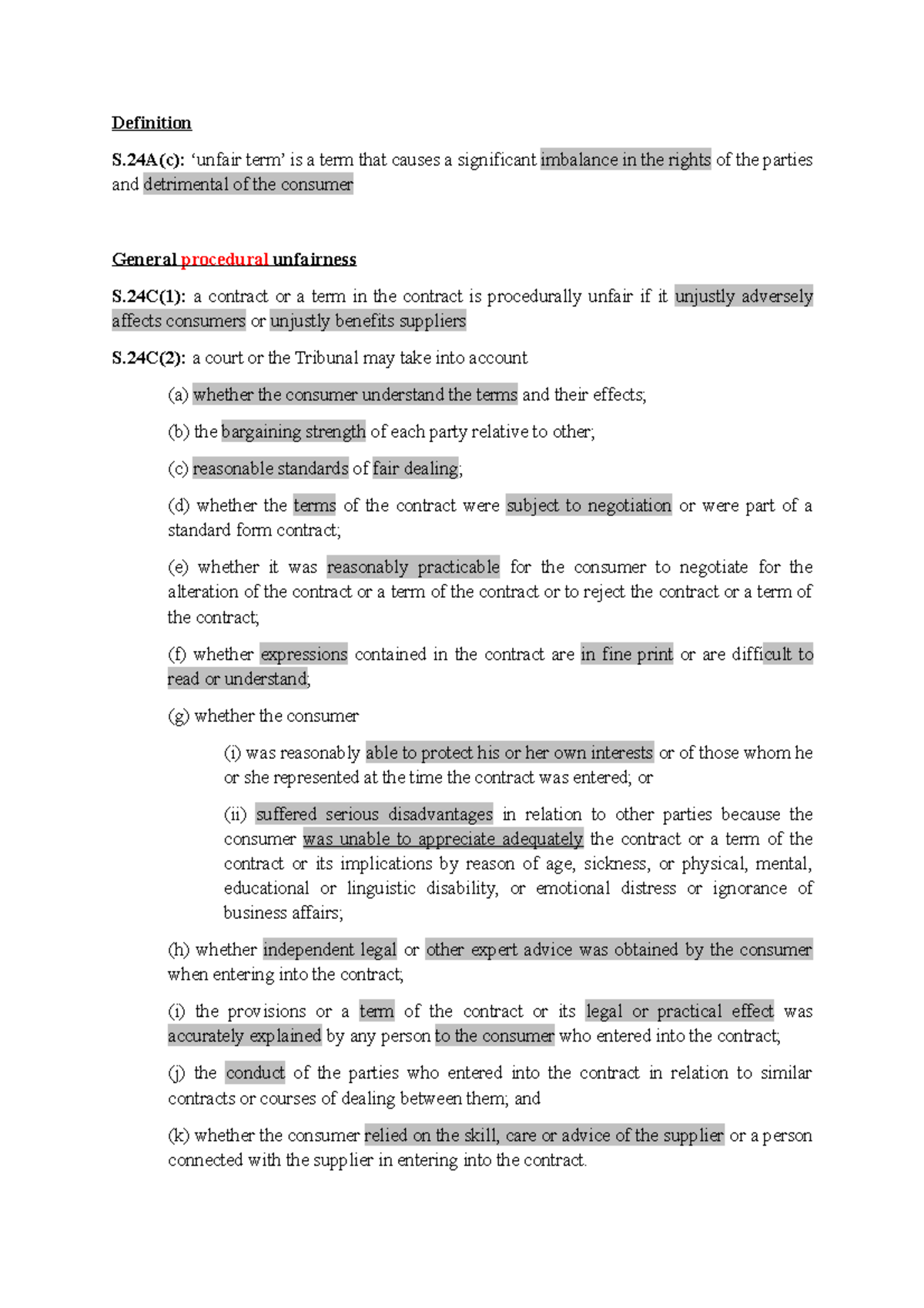 Provisions Unfair terms - Definition S(c): ‘unfair term’ is a term that ...