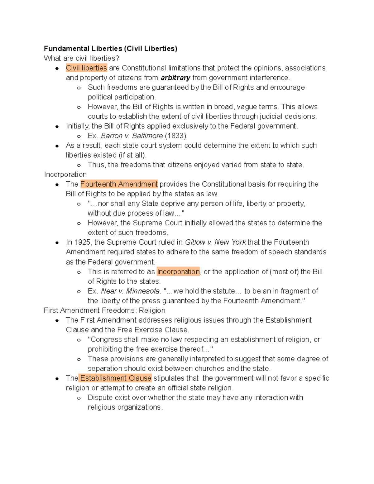 Gov Chapter 4 - lecture notes - Fundamental Liberties (Civil Liberties ...