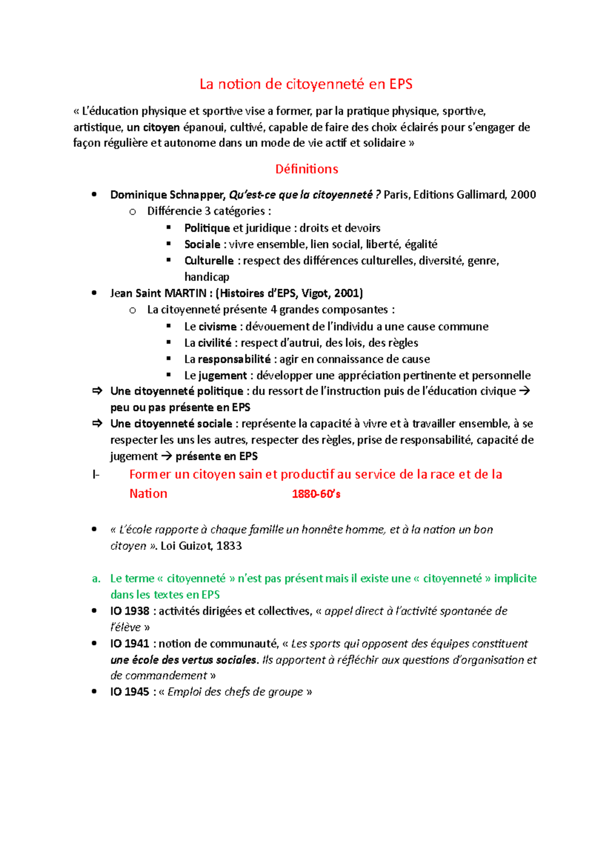 La notion de citoyenneté en EPS - Loi Guizot, 1833 a. Le terme « citoyenneté » n’est pas présent ...