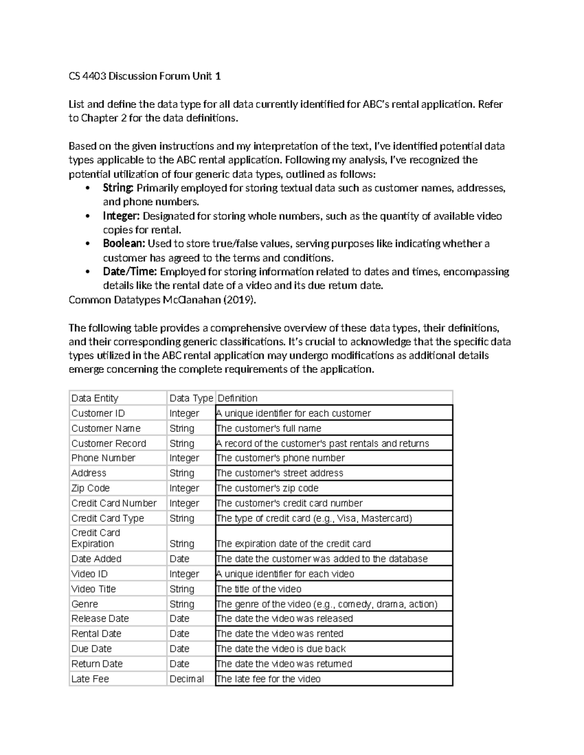 CS 4403 Discussion Forum Unit 1 - Refer to Chapter 2 for the data ...