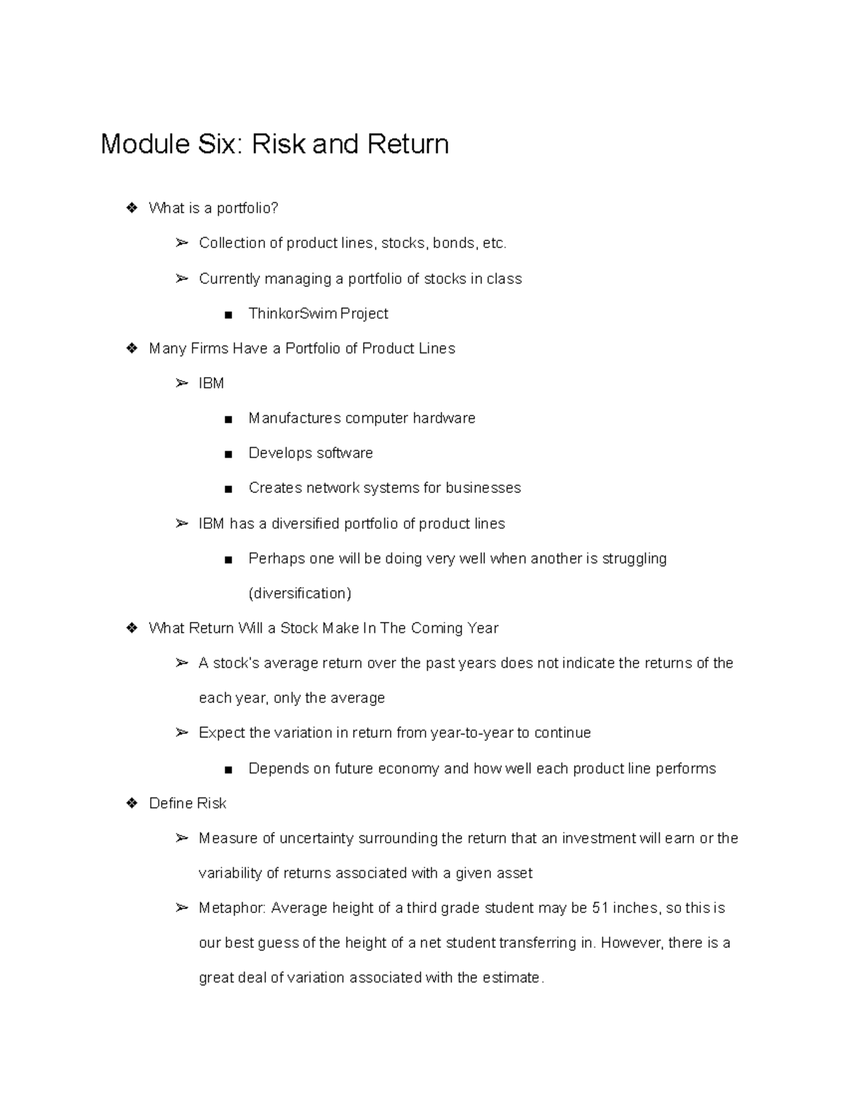 FINC301 Module 6 - Lecture notes - Module Six: Risk and Return What is ...