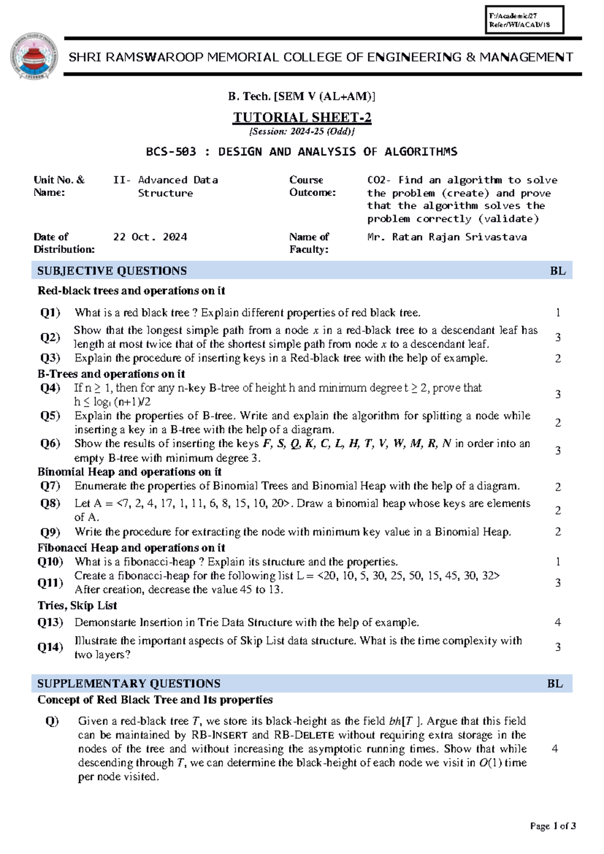 Tute-2 - Helpful - Page 1 of 3 B. Tech. [SEM V (AL+AM)] TUTORIAL SHEET ...