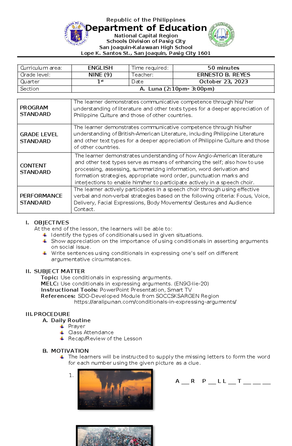 Classroom Observation LP1 - Department of Education National Capital ...