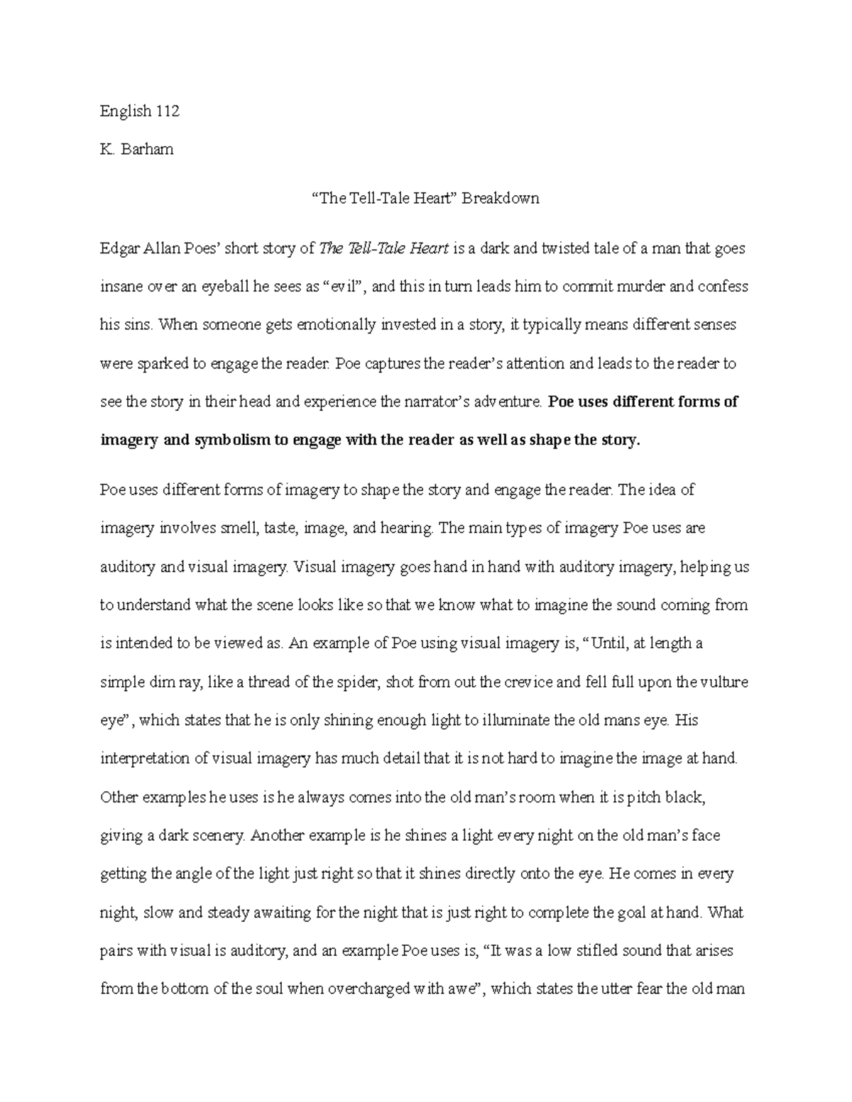 Edgar Allen Poe "The Tell-Tale Heart" breakdown essay - English 112 K ...