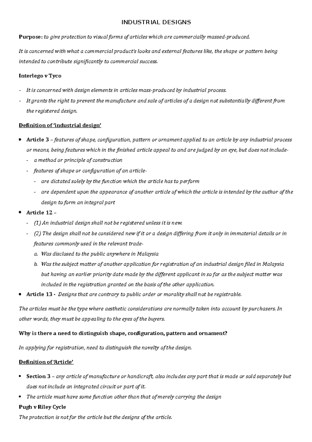 Industrial Designs Notes - INDUSTRIAL DESIGNS Purpose: to give ...