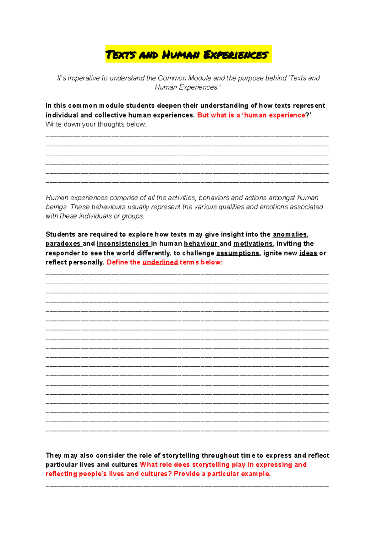 'Texts and Human Experiences ' Rubric Breakdown - Texts and Human ...