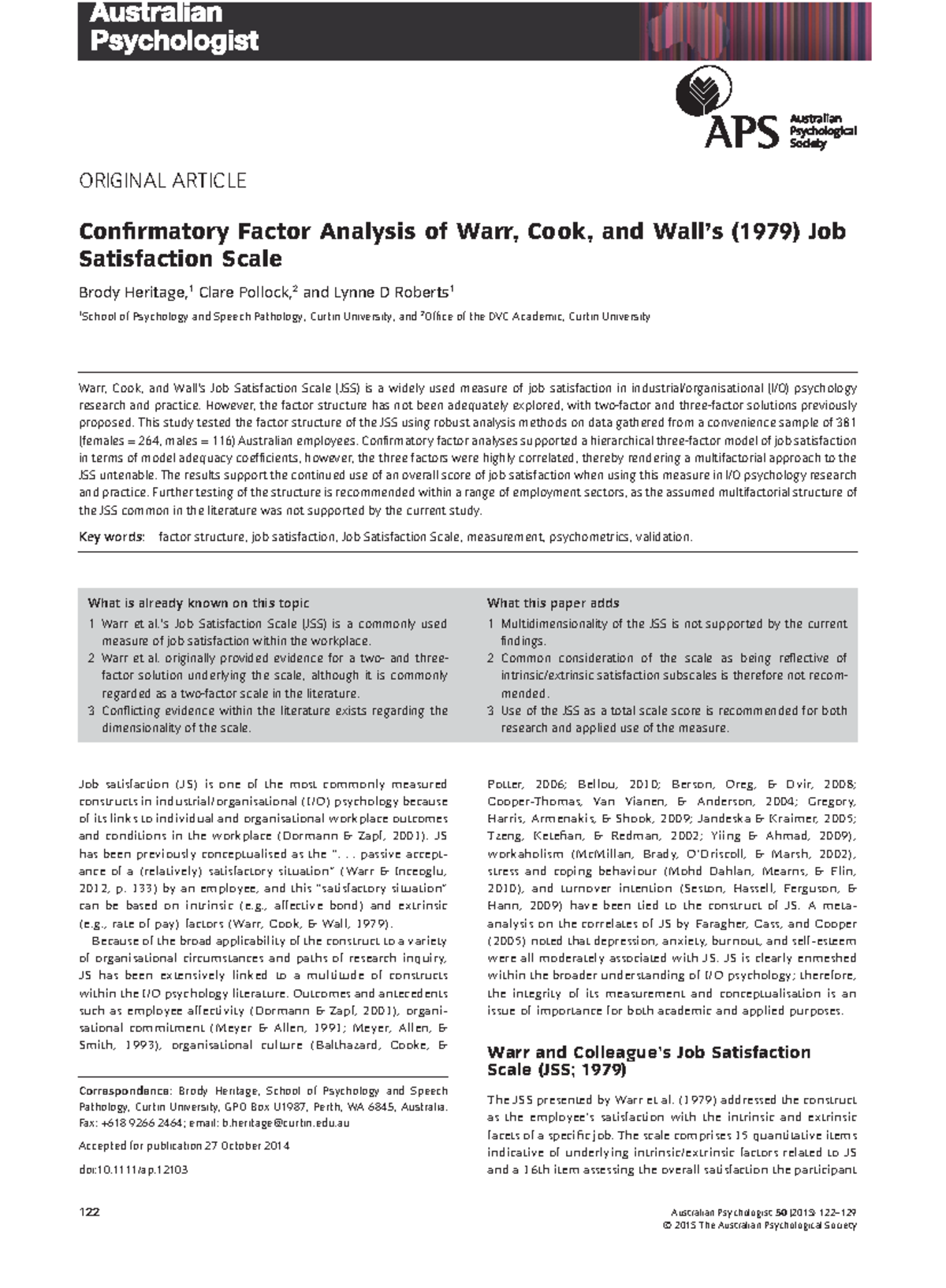 Jon satisfaction - ORIGINAL ARTICLE Confirmatory Factor Analysis of ...