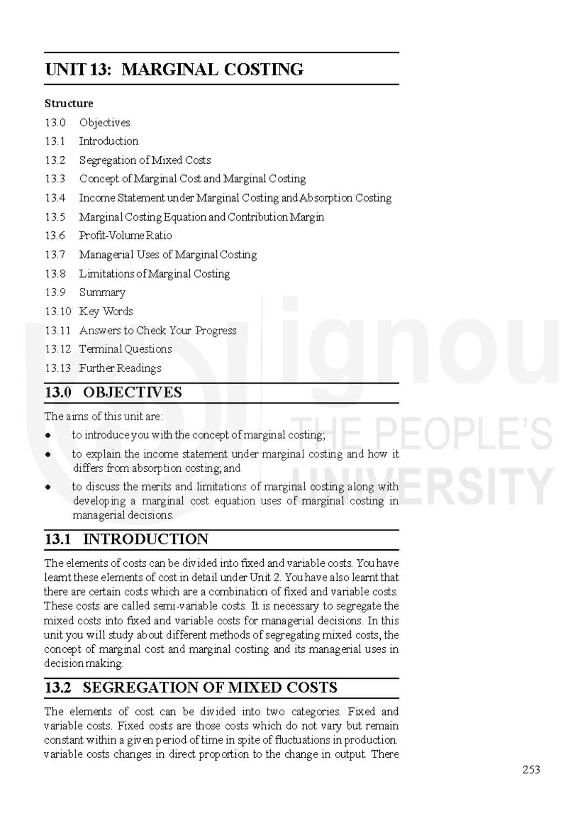 Unit-13 - Ut 13 - UNIT 13: MARGINAl COSTING Structure 13 Objectives 13 Introduction 13 ...