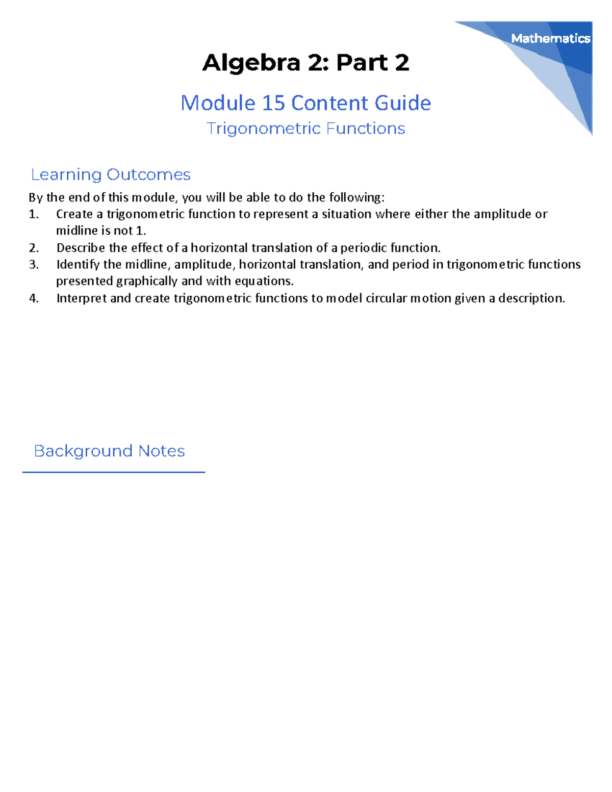 M15 Alg57 Content Guide - Module 15 Content Guide Trigonometric ...