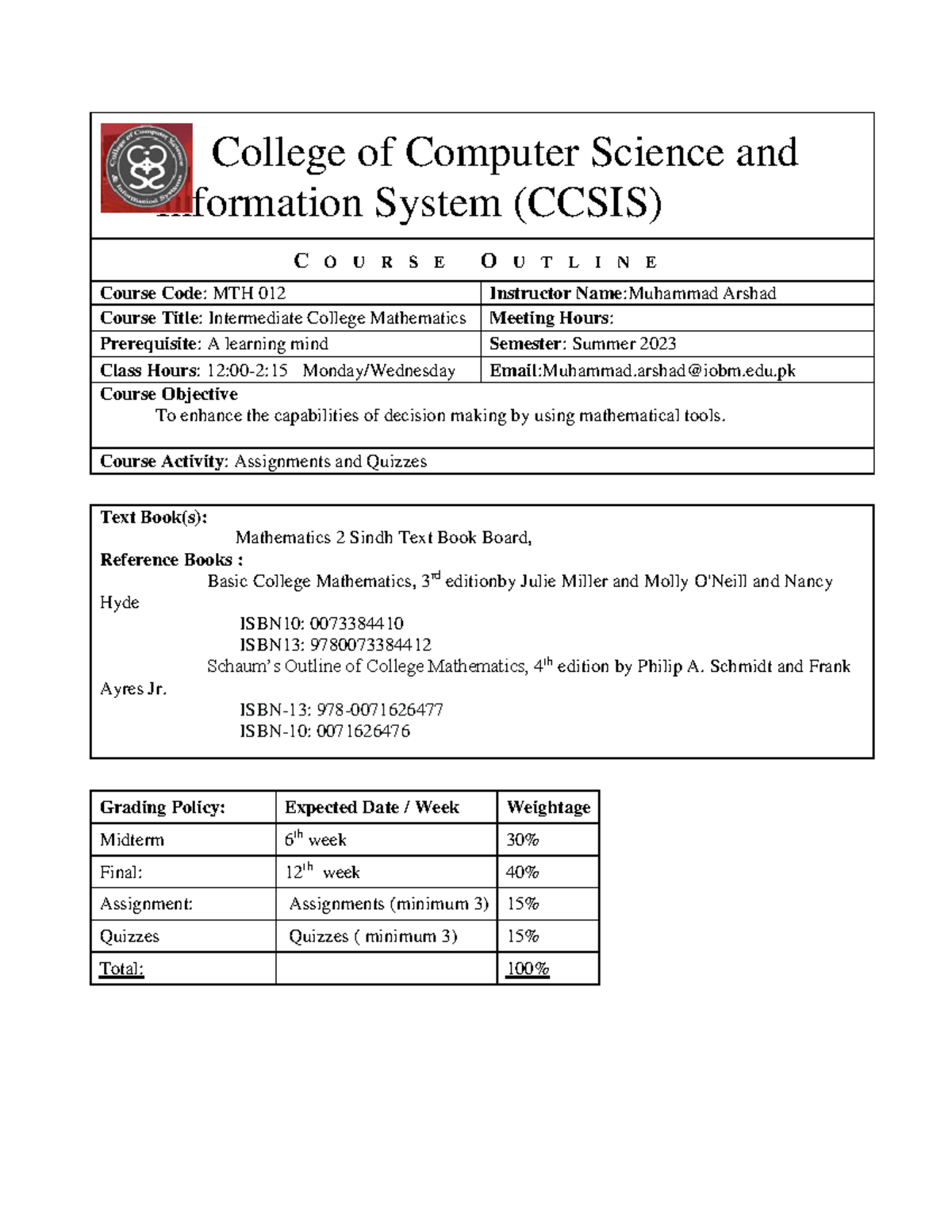Course- Outline-ICM - College of Computer Science and Information ...