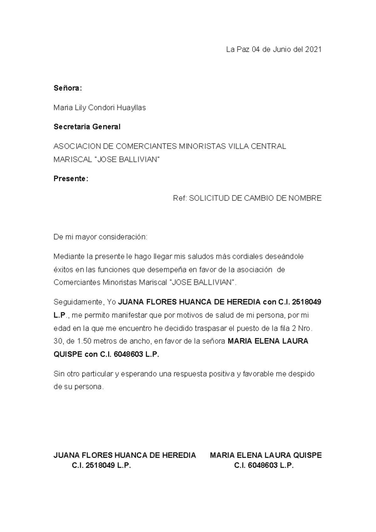 Solicitud Puesto - La Paz 04 de Junio del 2021 Señora: Maria Lily ...