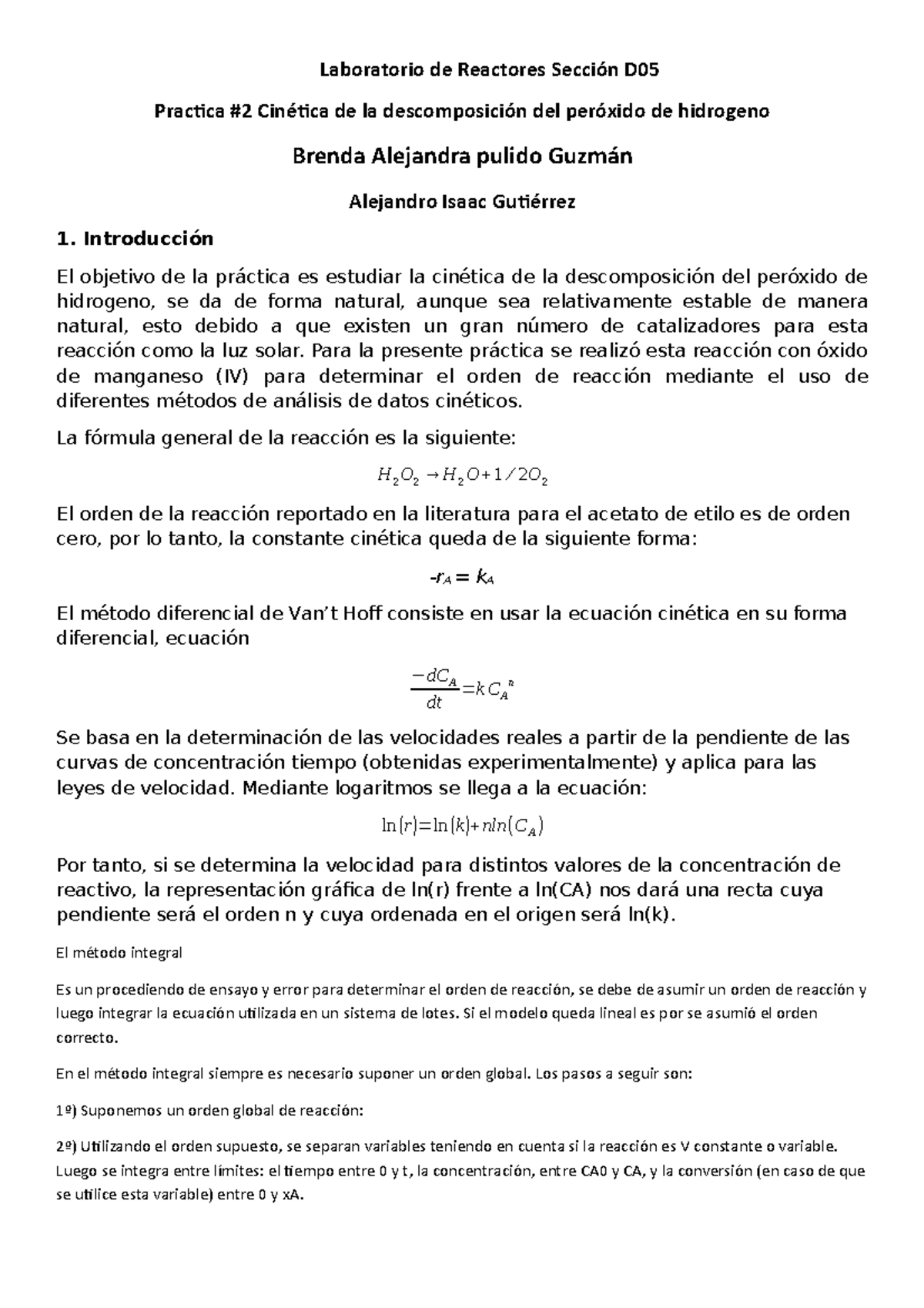 D05 Practica 2 - Laboratorio de Reactores Sección D Pracica #2 Cinéica ...
