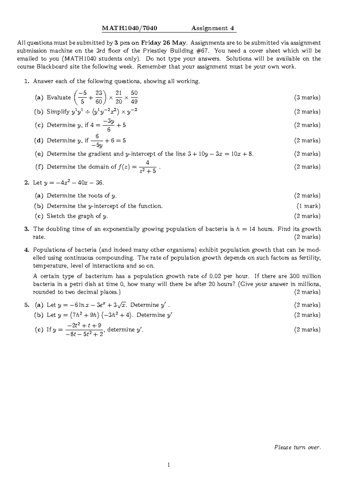 Ass4 sem 1 2017 - Assignment 4 - Basic Mathematics - MATH1040/7040 ...