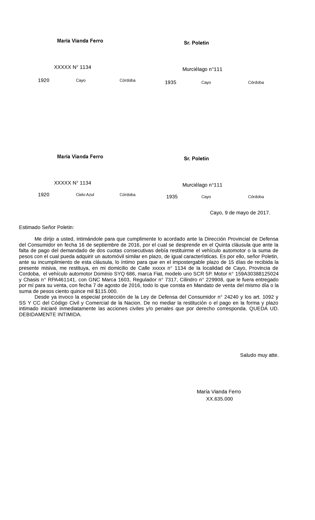 Carta documento - Consigna 1 caso 11 - María Vianda Ferro XXXXX N° 1134 ...