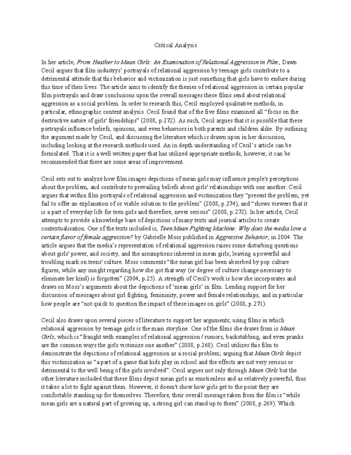 Pop culture - critical analysis - Critical Analysis In her article ...