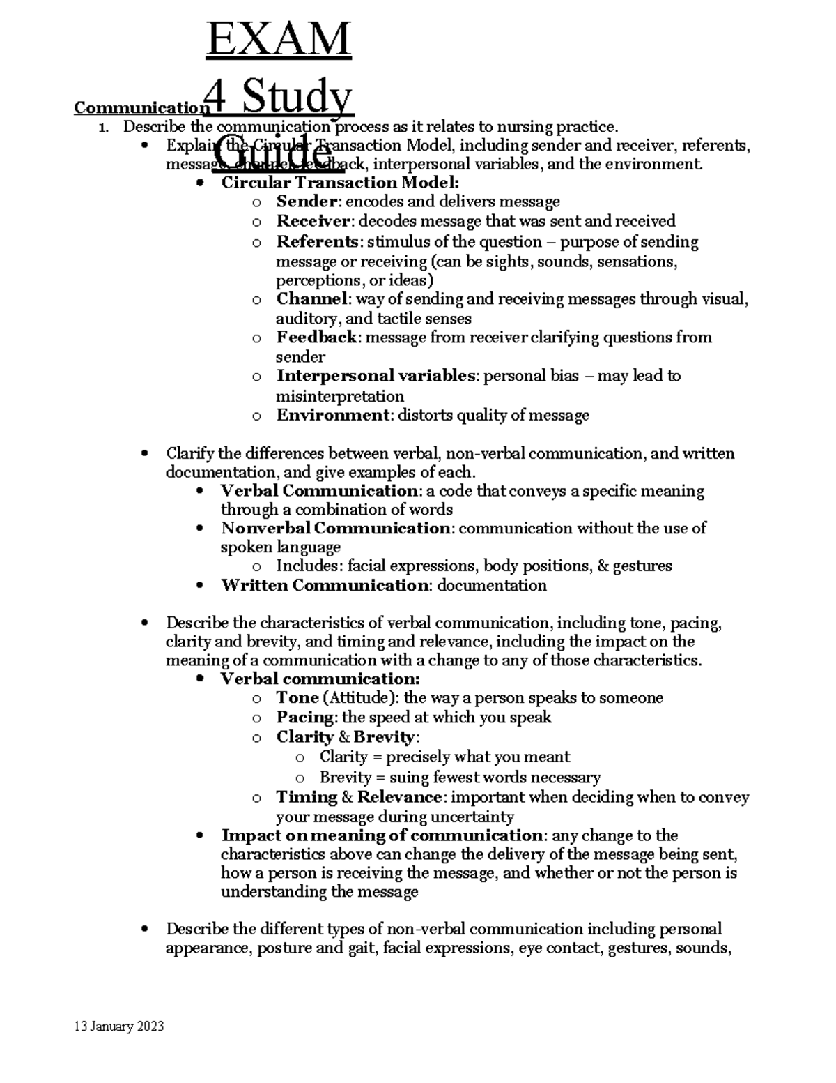 Exam 4 Study Guide (updated) - Communication 1. Describe the ...