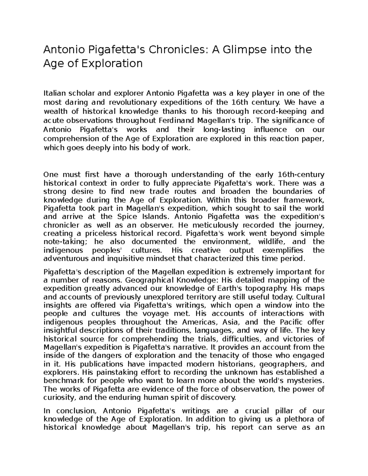 Antonio-Pigafetta-reaction-paper - Antonio Pigafetta's Chronicles: A ...