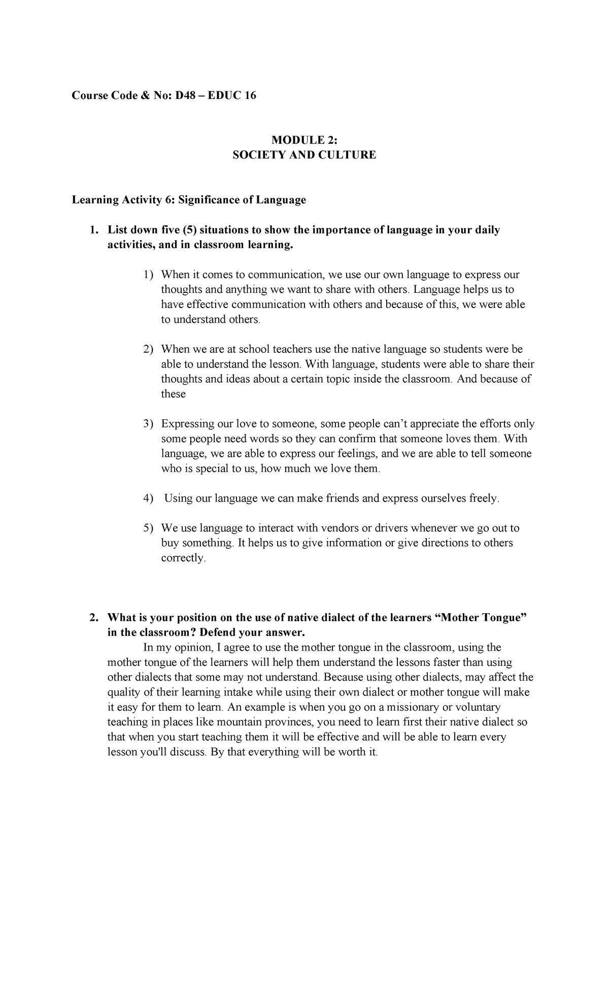 MOD 2 - ACT 6 - An activity in Module 2 - Course Code & No: D48 – EDUC ...