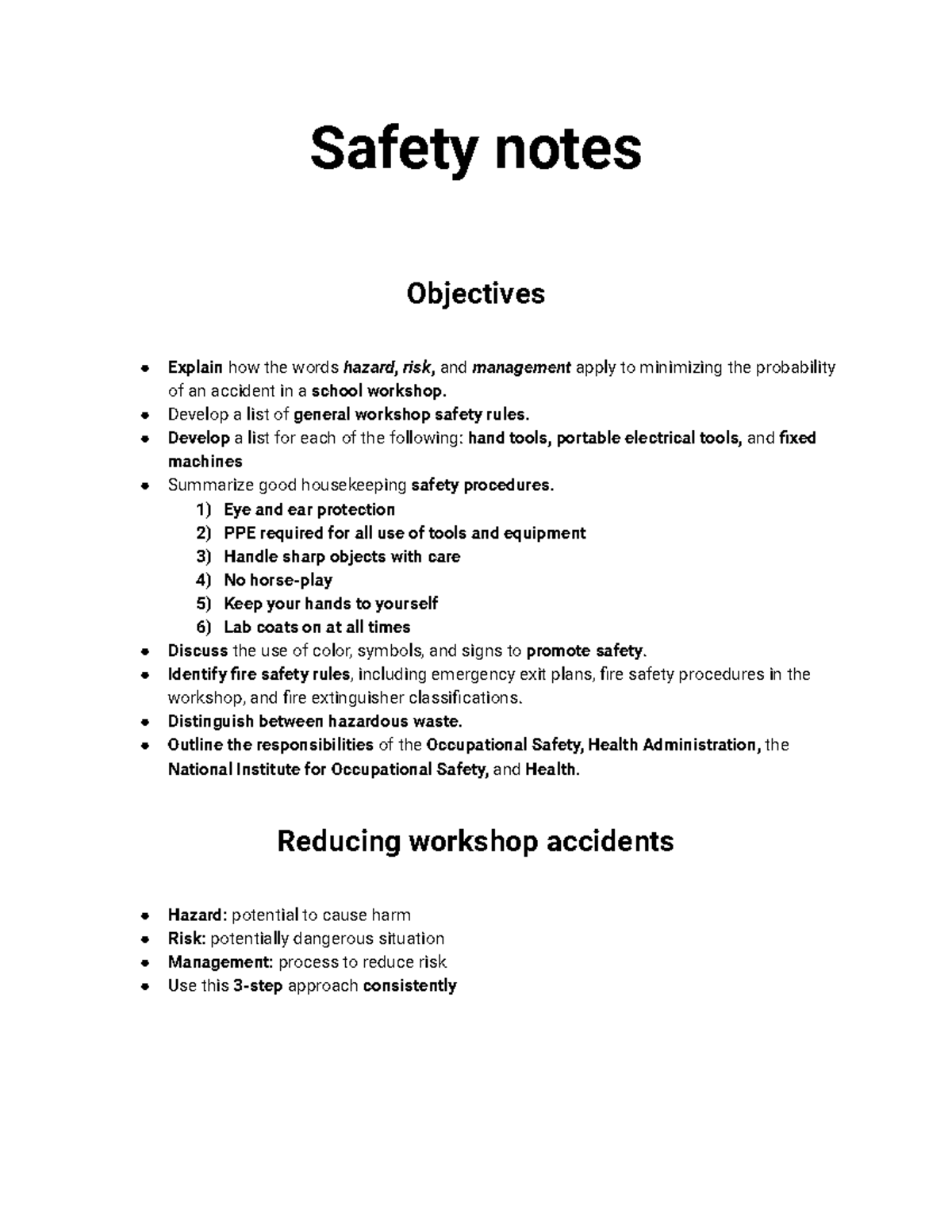 Copy of Safety notes - Safety notes Objectives Explainhow the words ...