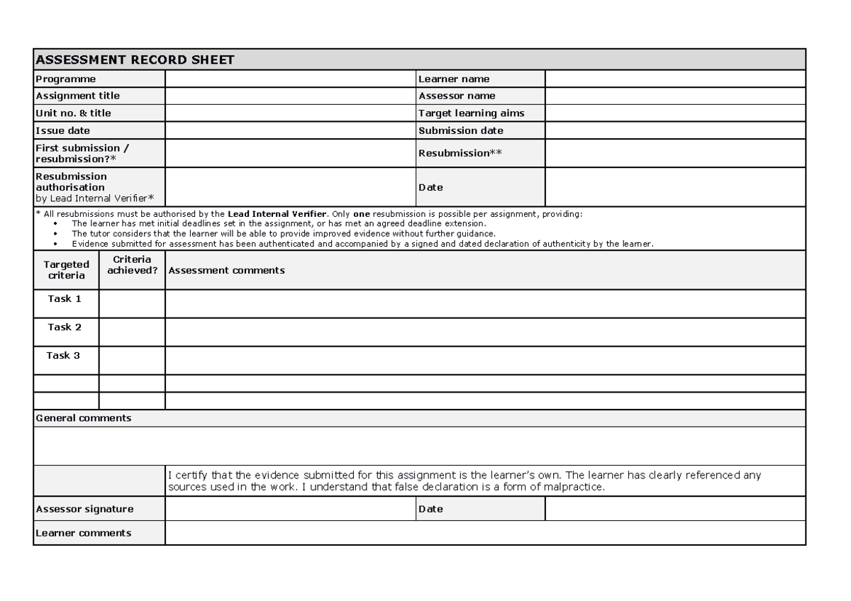 Assessment record blank - ASSESSMENT RECORD SHEET Programme Learner ...