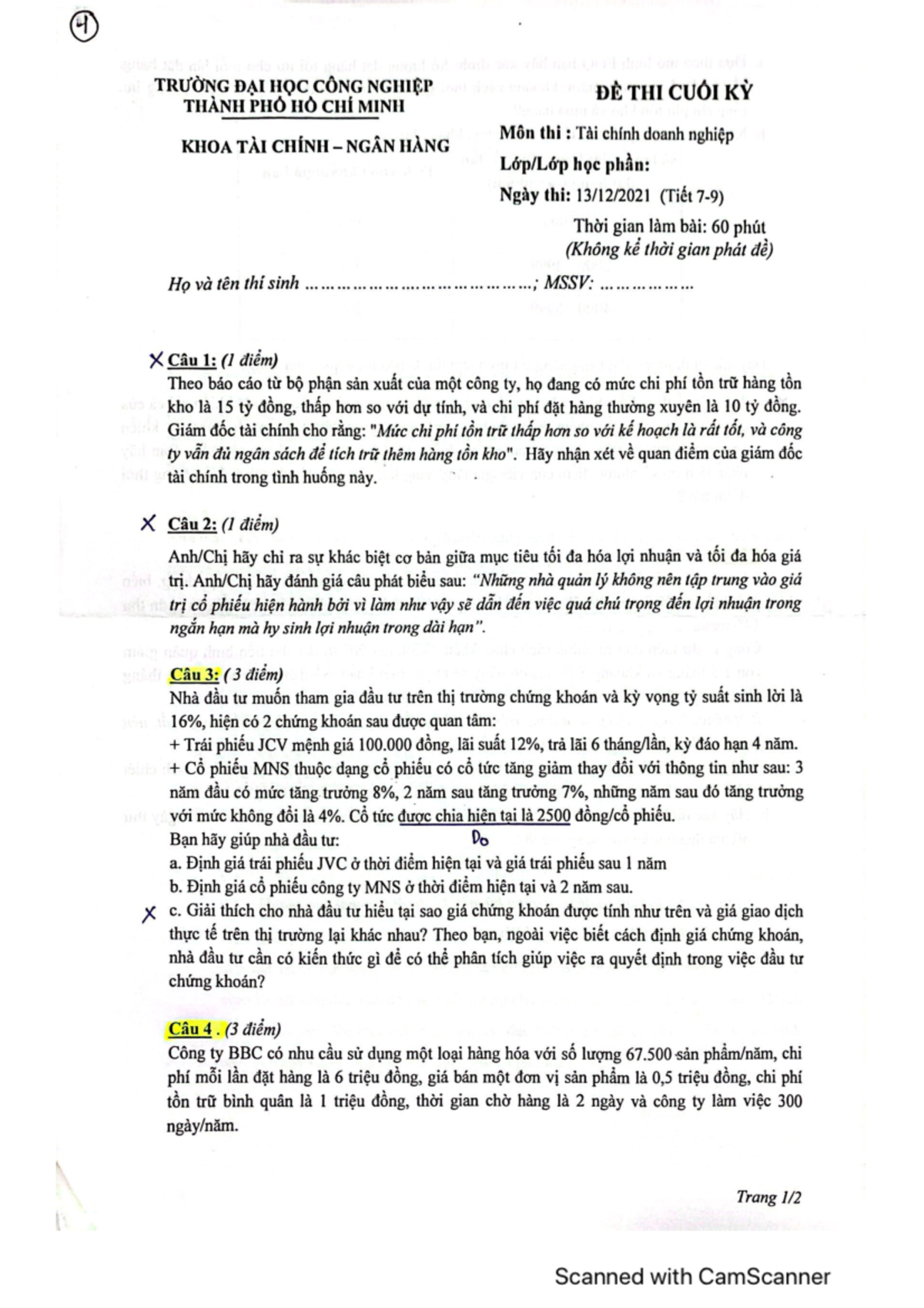 TCDN giải đề CK 1 - Tài chính doanh nghiệp - Phân Tích Tài Chính Doanh Nghiệp - Studocu