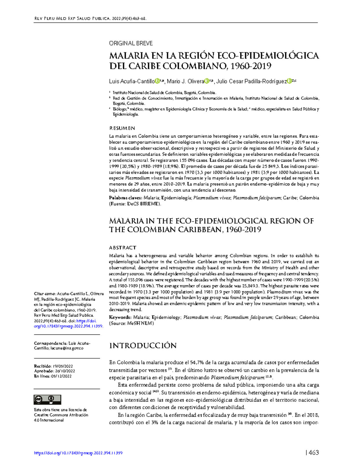 Malaria - Resumen Metodos Epidemiologícos - Rev Peru Med Exp Salud ...