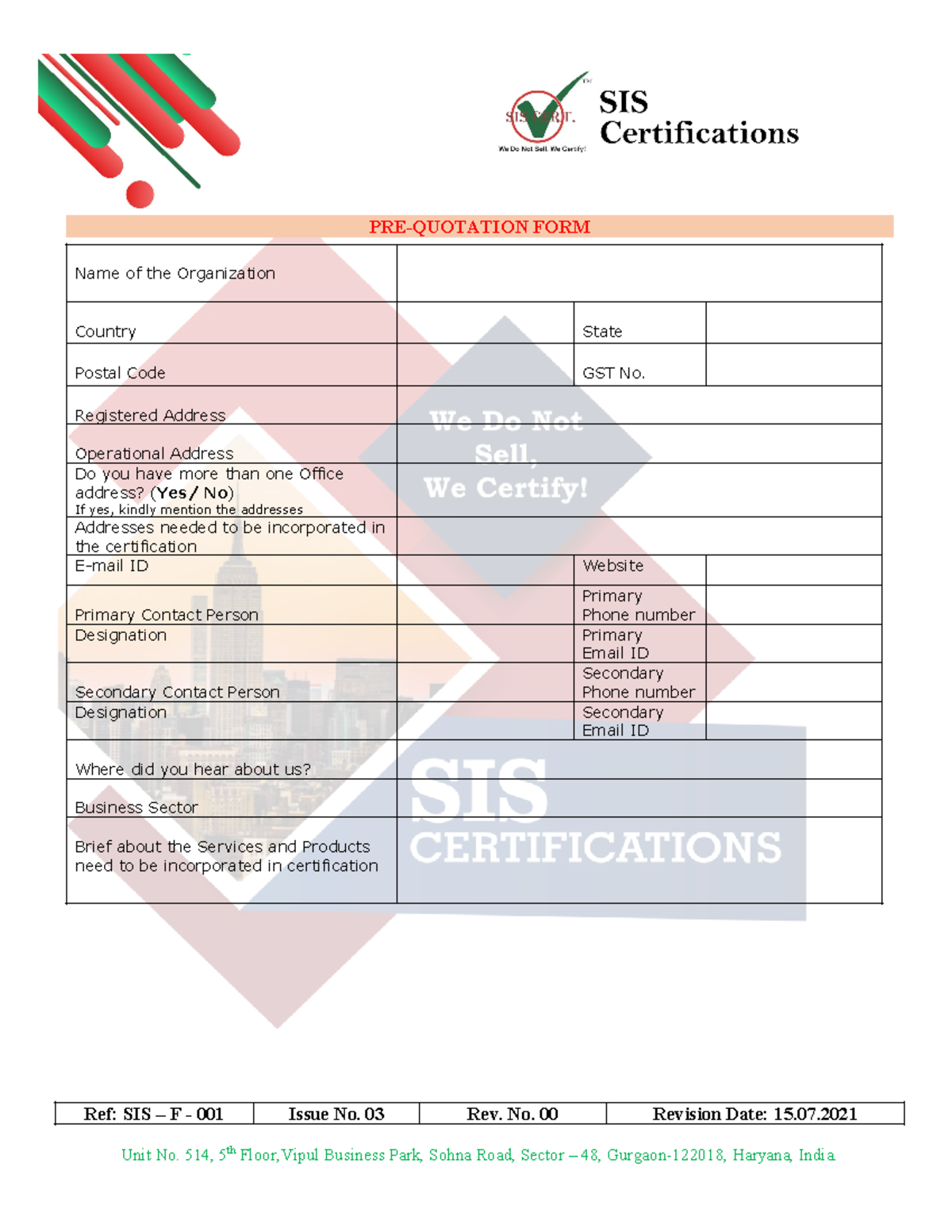 Application FORM FOR ISO Certification Service - PRE-QUOTATION FORM ...