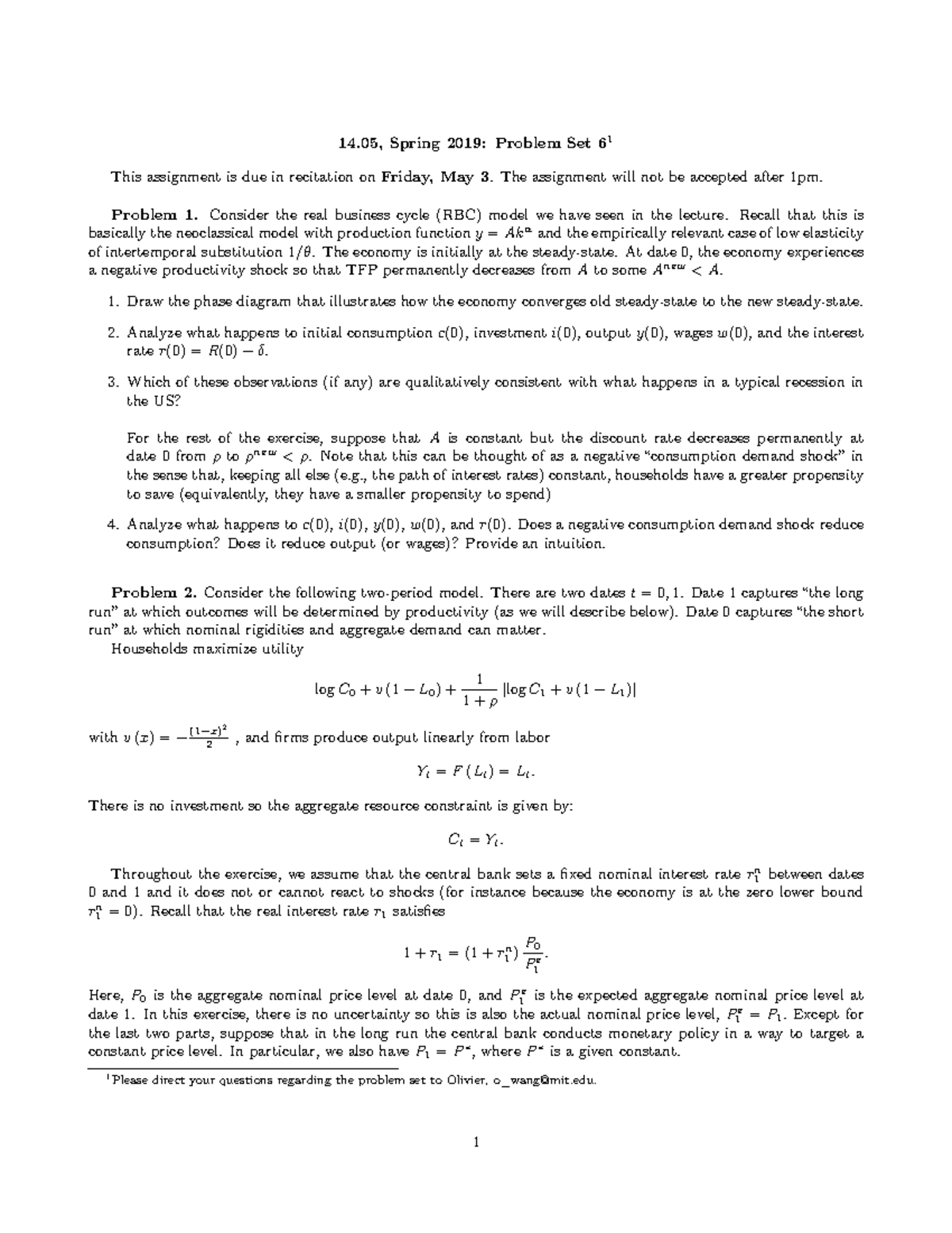 Pset6 2019 - problem set 6 - 14, Spring 2019: Problem Set 6 1 This assignment is due in ...