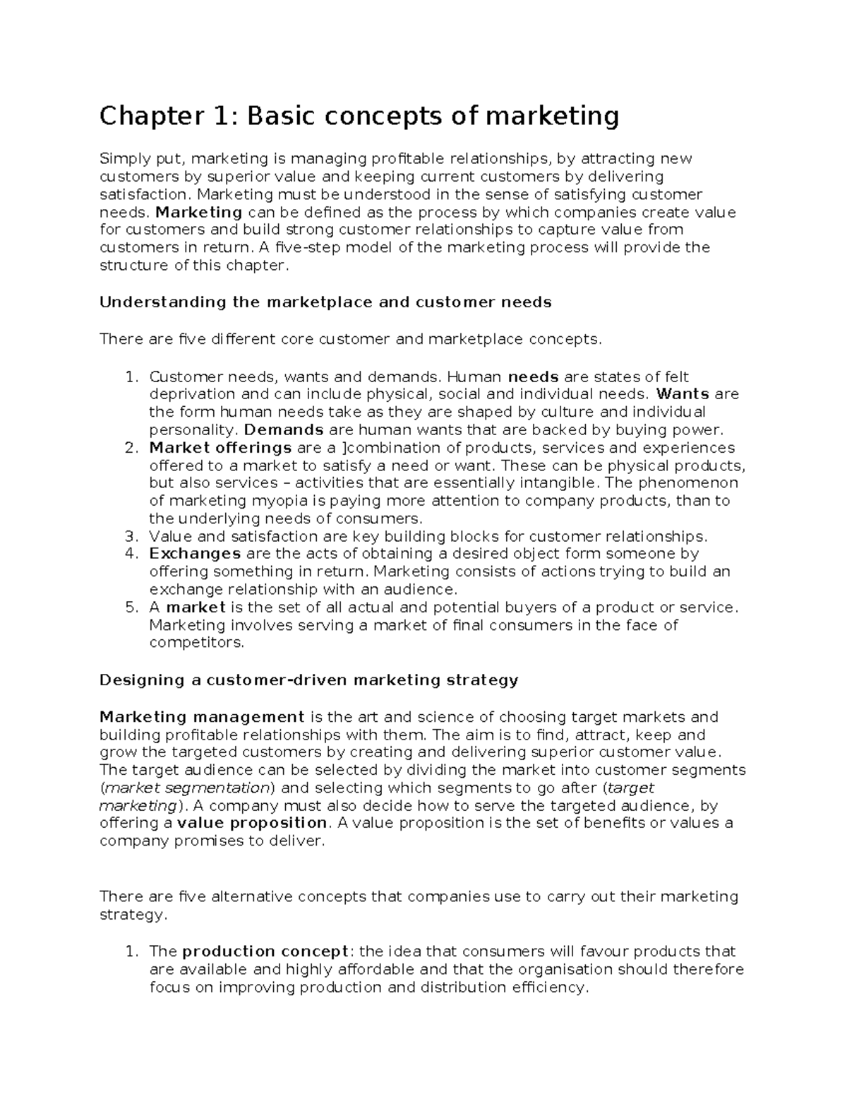 Marketing - summary chapter 1-8 - Chapter 1: Basic concepts of ...
