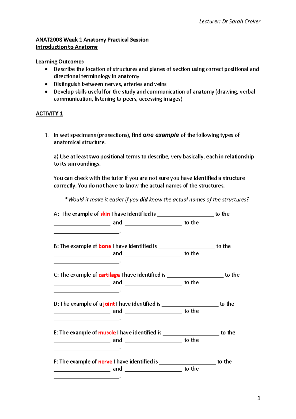 Prac1 - ANAT20 08 Week 1 Anatomy Practical Session Introduction to ...