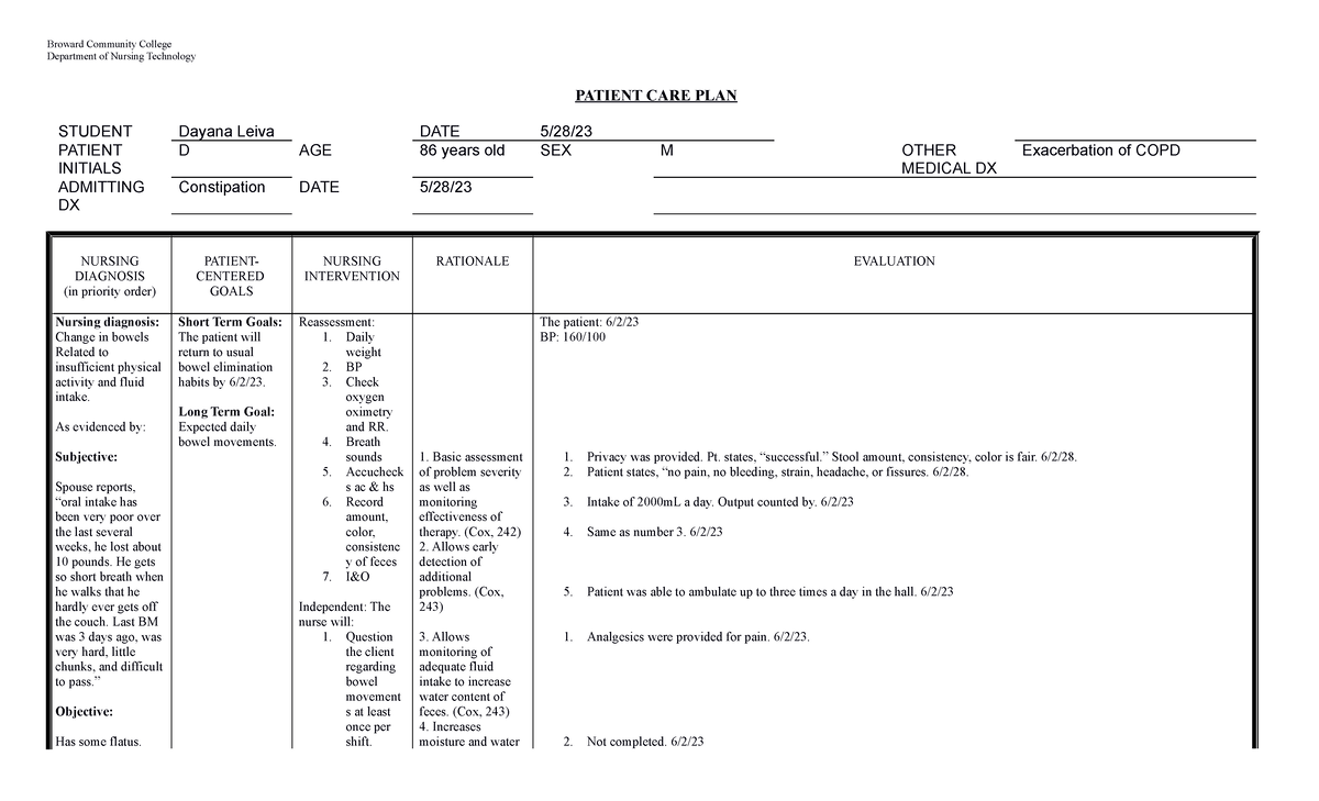 Constipation-CARE PLAN form legal - Broward Community College ...