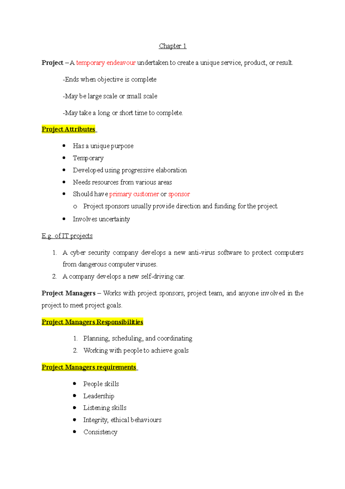 Chap1 (Understanding proj mgmt) - Chapter 1 Project – A temporary ...